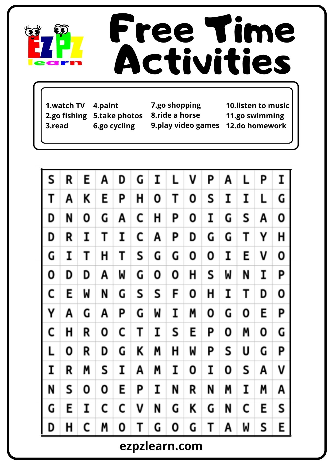 Free Time Activities Word Search - Ezpzlearn.com
