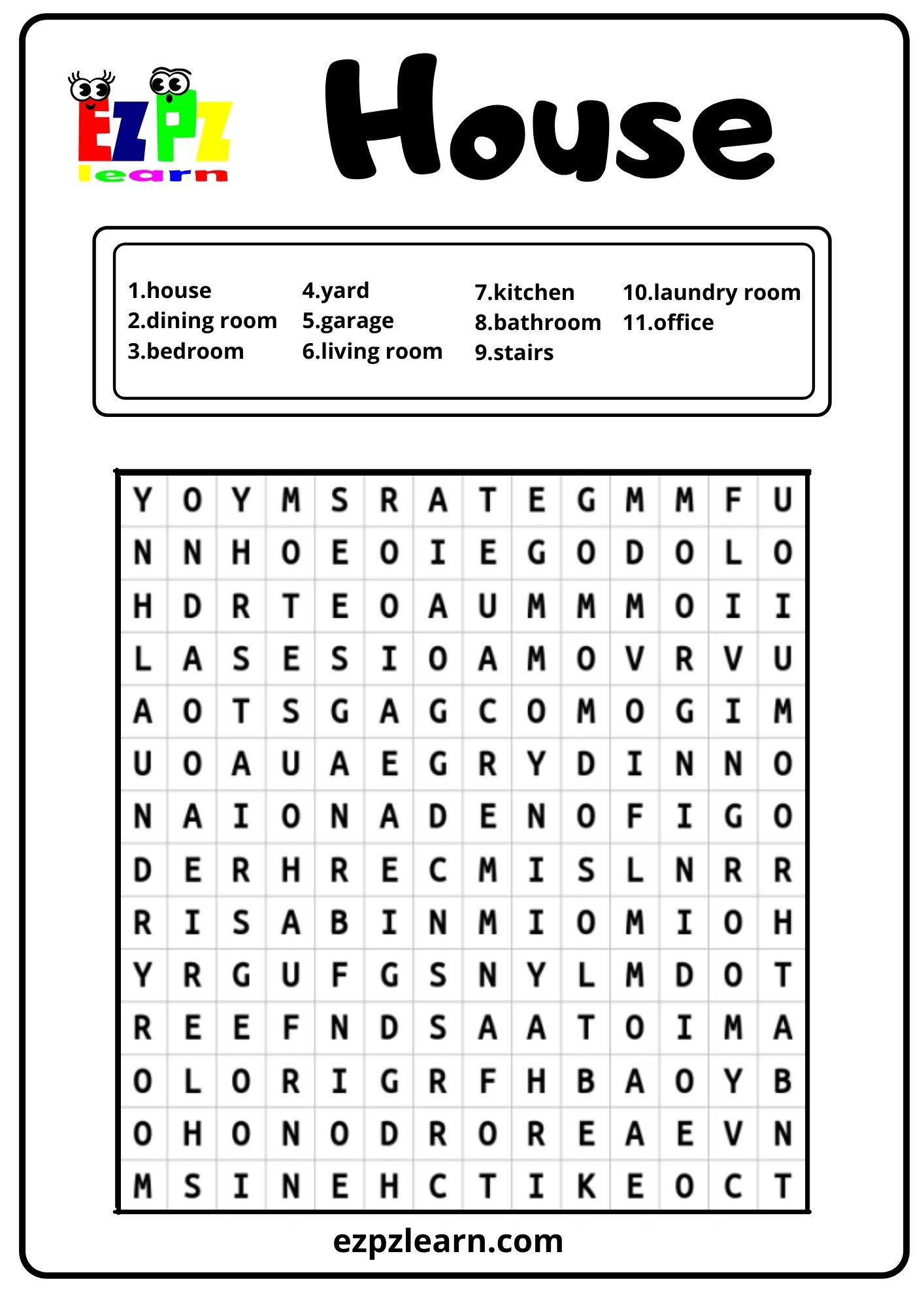 House Rooms Word Search - Ezpzlearn.com