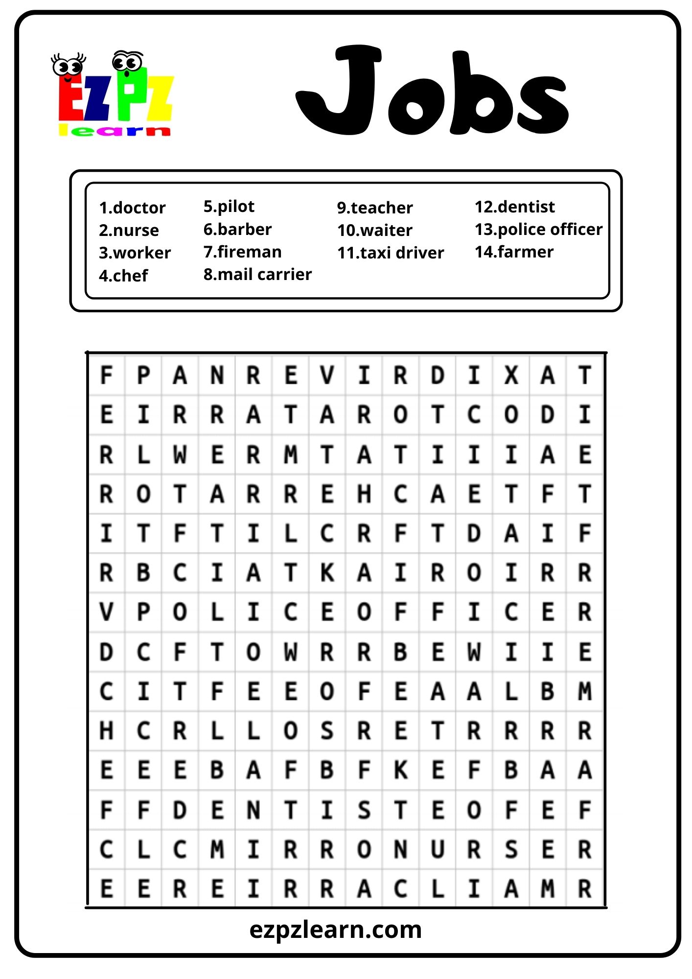 Jobs Word Search - Ezpzlearn.com