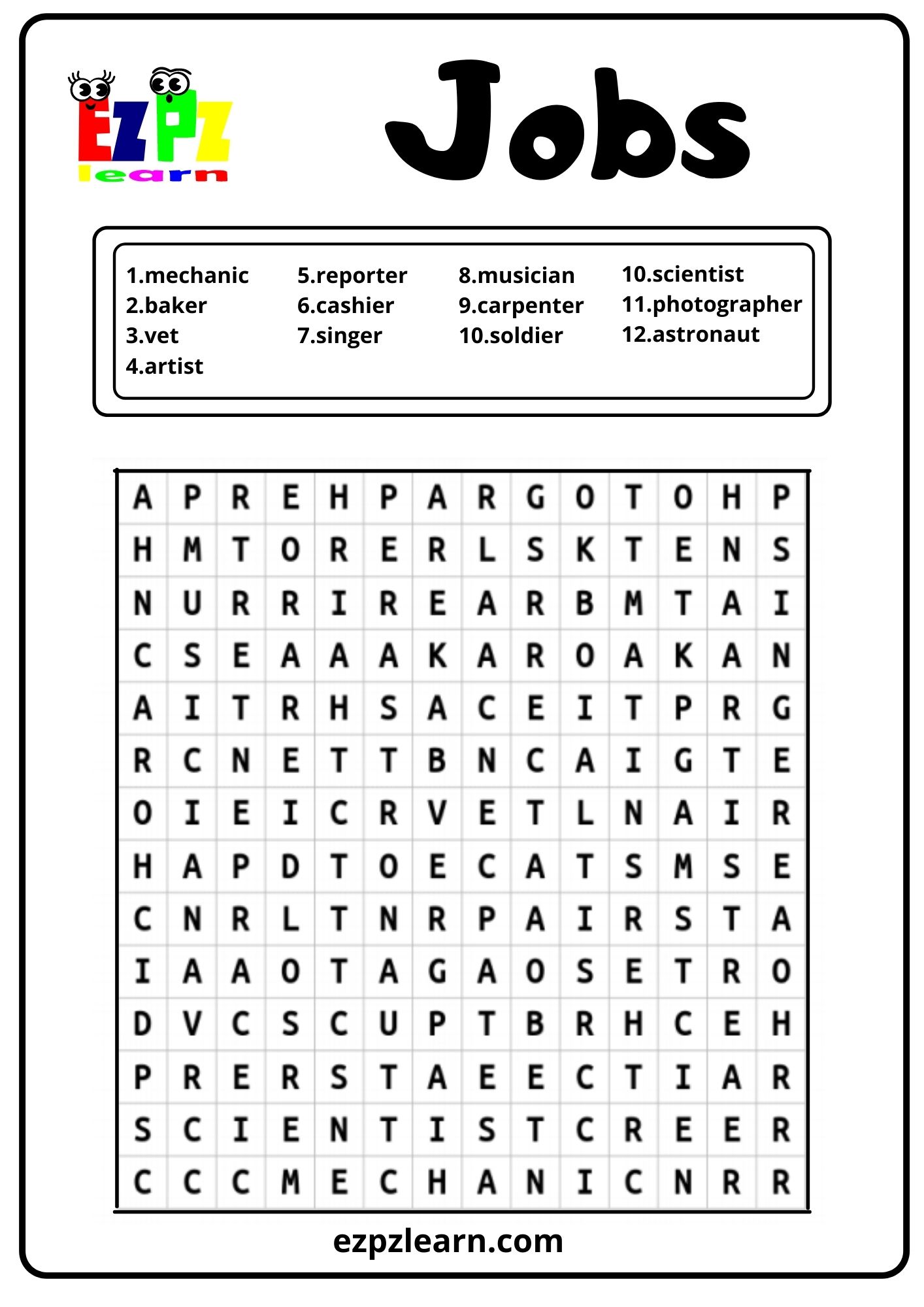 Jobs 2 Word Search - Ezpzlearn.com
