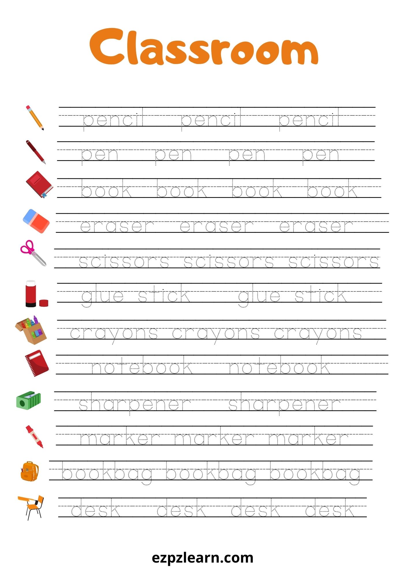 Daily Routine Word Tracing Worksheet - Ezpzlearn.com