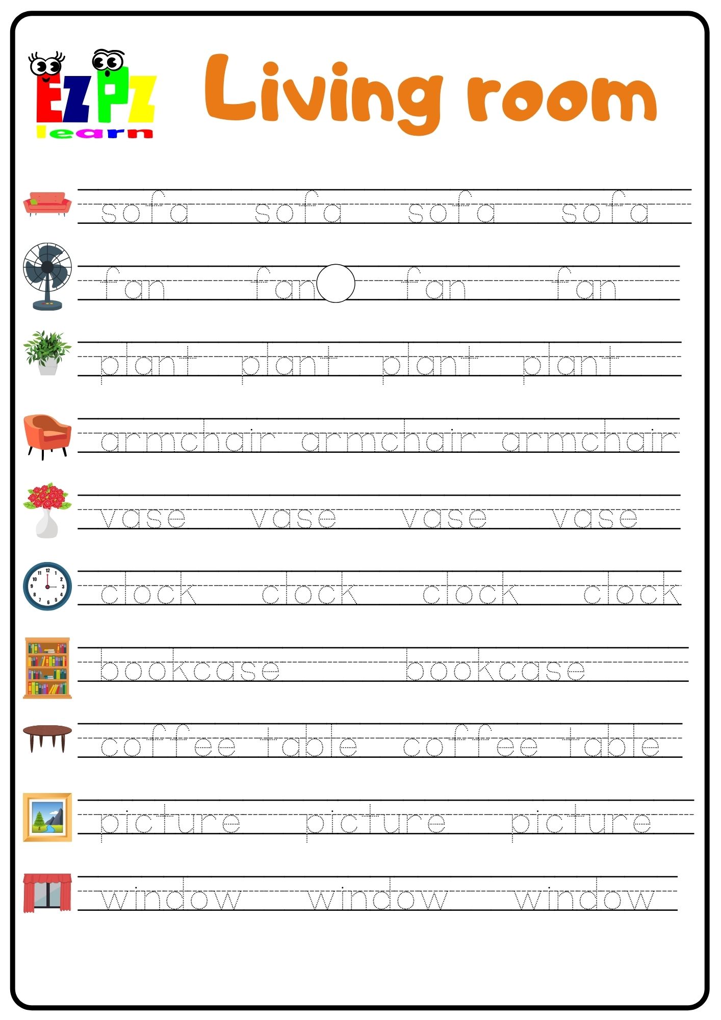 Living Room Word Tracing Worksheet - Ezpzlearn.com