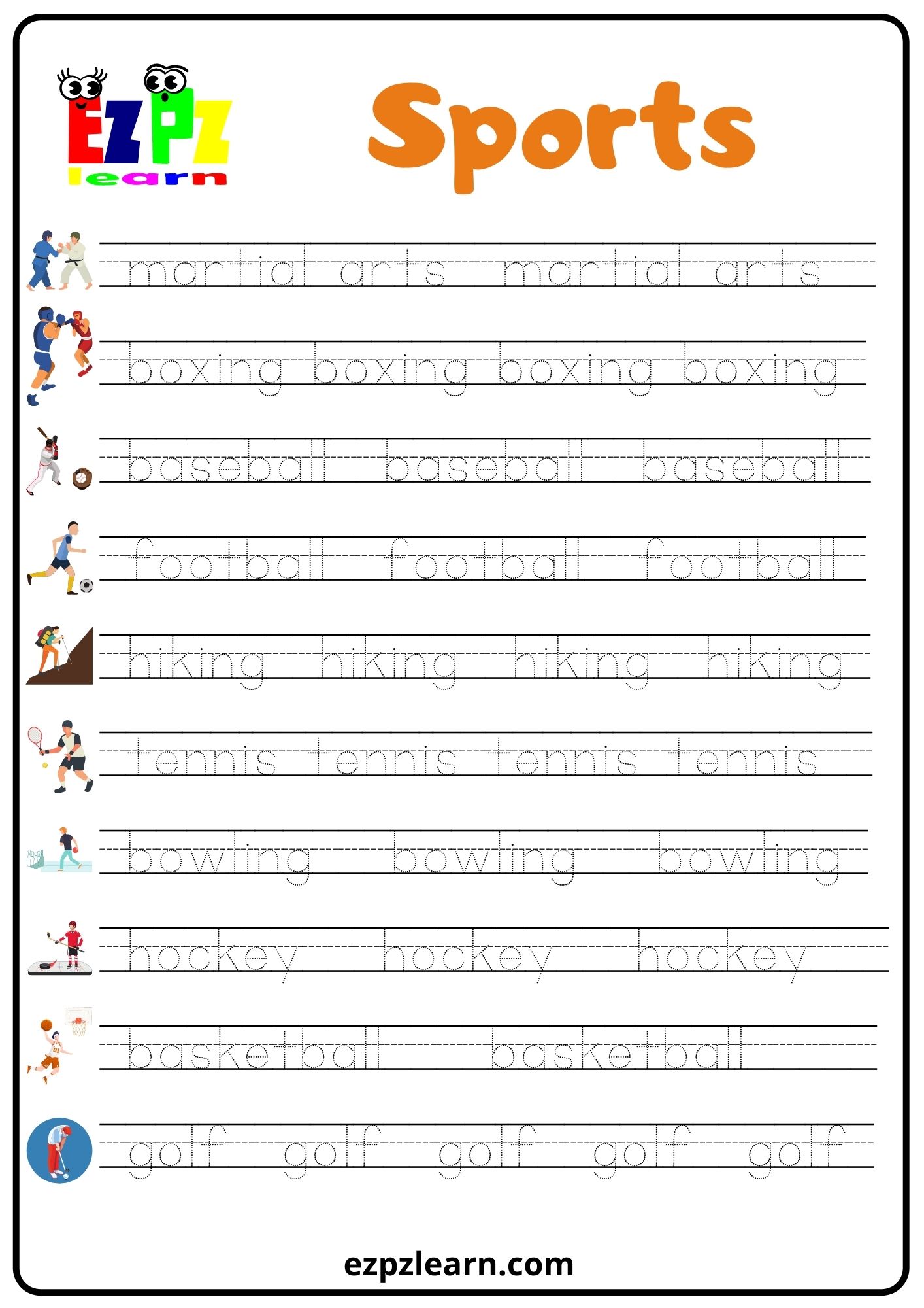Sports Set2 Word Tracing Worksheet - Ezpzlearn.com