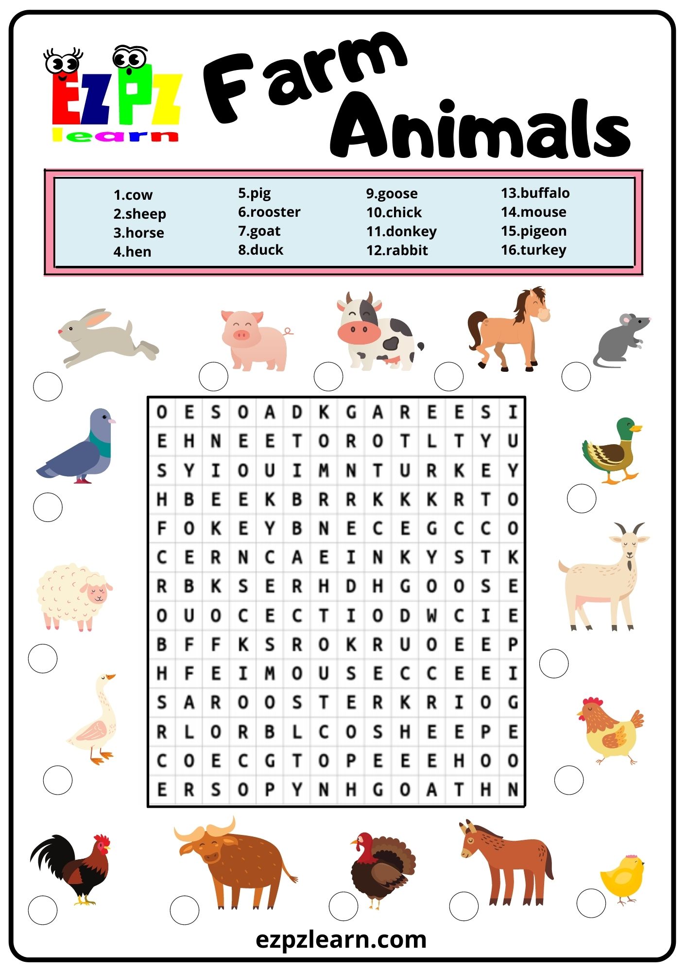 Farm Animals Word Search 2 - Ezpzlearn.com