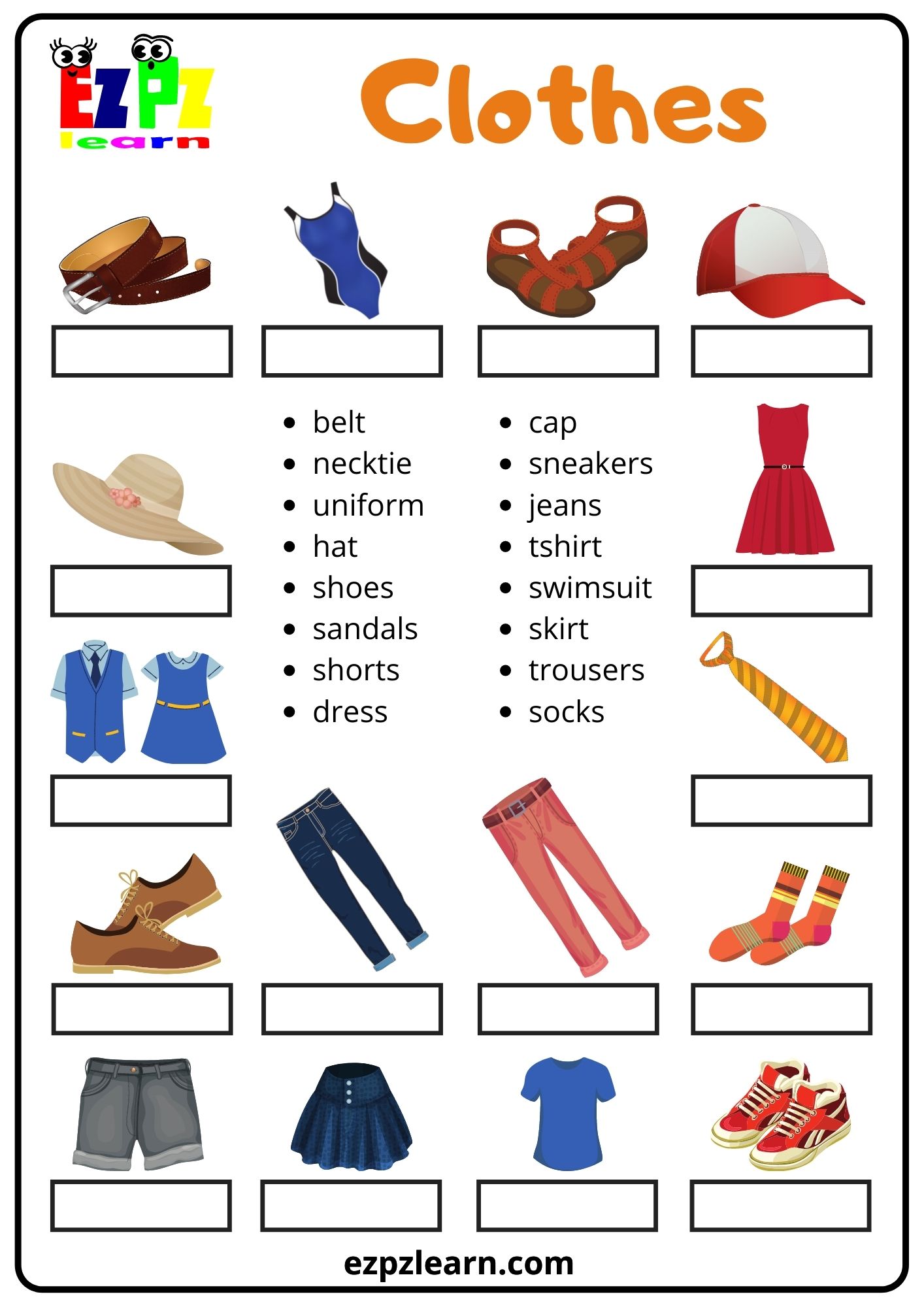 Clothes Word Match - Ezpzlearn.com
