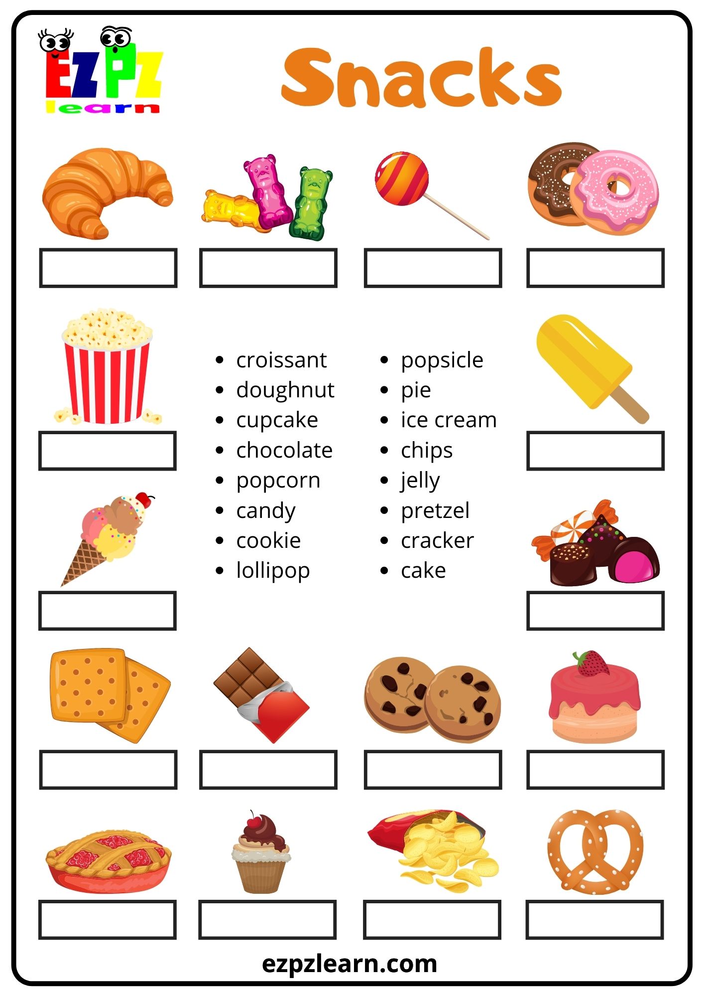 Snacks & Desserts Word Match - Ezpzlearn.com