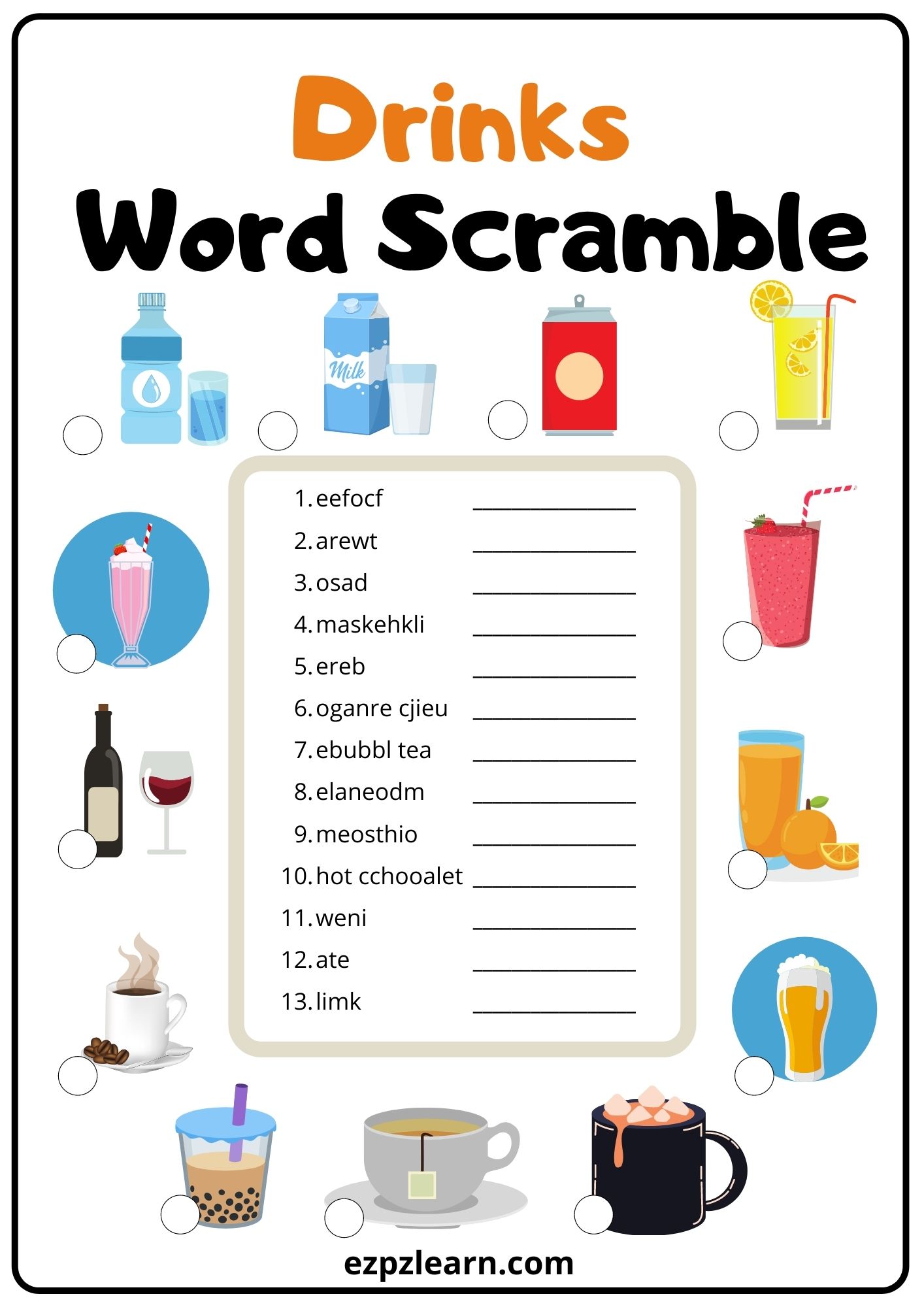 Drinks Word Scramble 2 - Ezpzlearn.com
