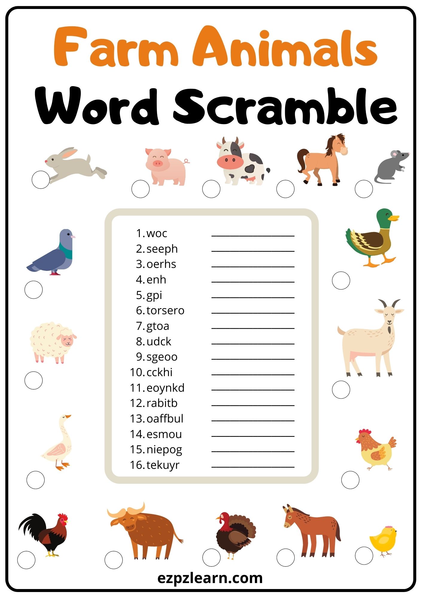 Farm Animals Word Scramble 2 - Ezpzlearn.com