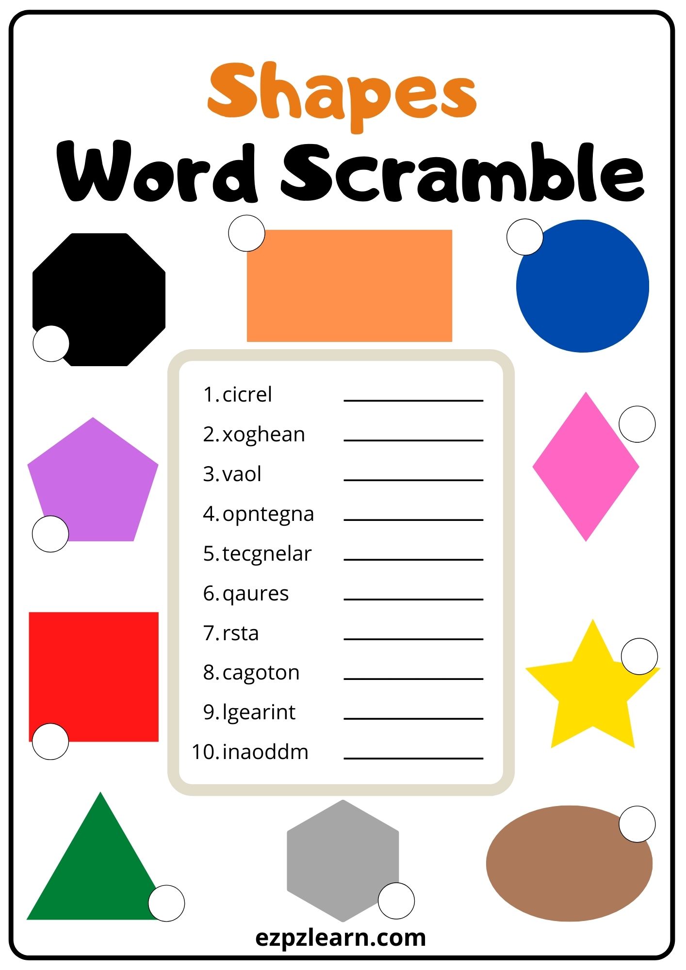 Shapes Word Scramble 2 - Ezpzlearn.com