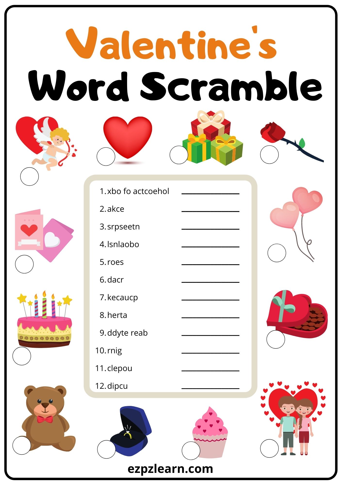 Valentine's Holiday Word Scramble 2 - Ezpzlearn.com