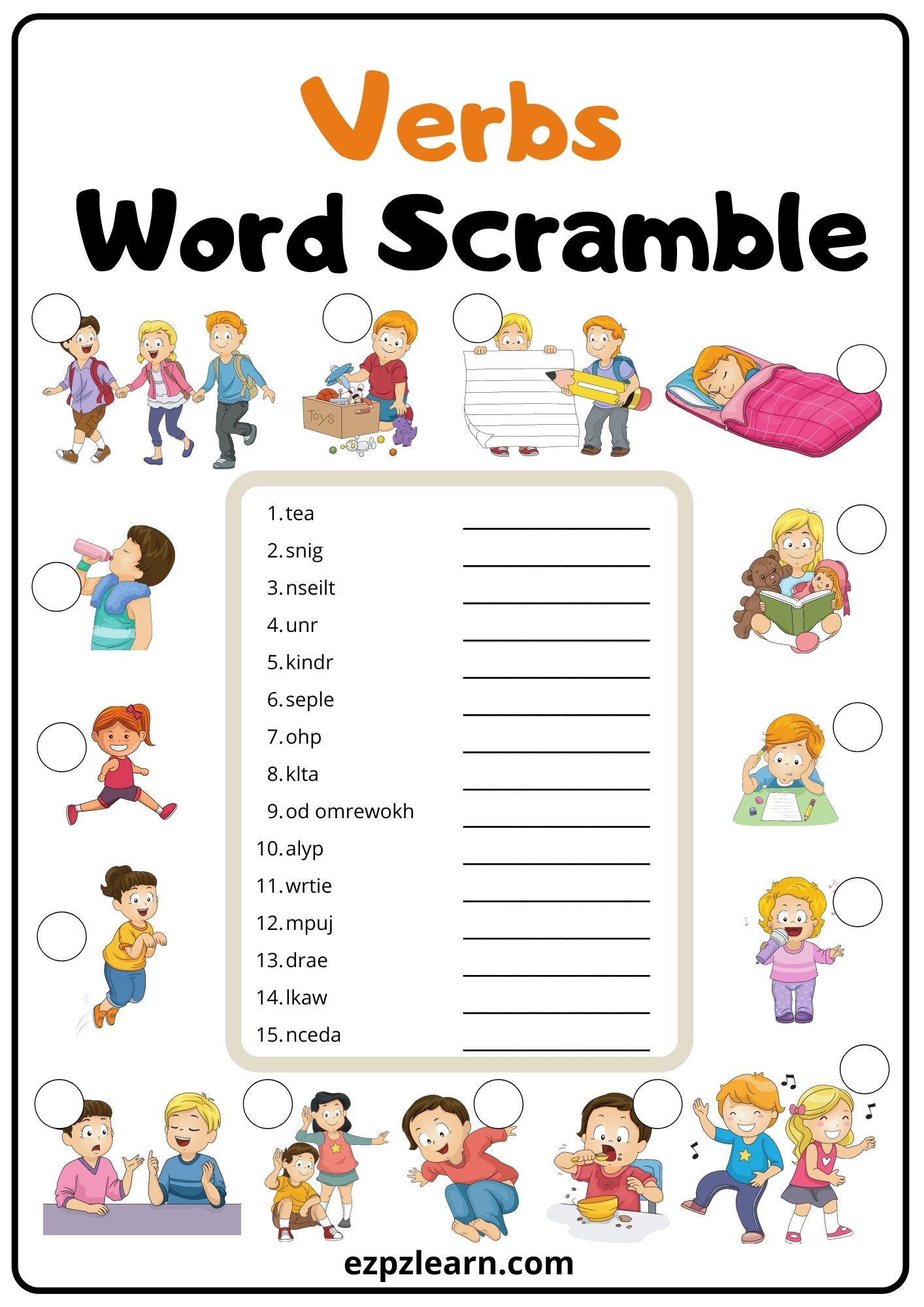 Word Scramble Action Verbs Free PDF Download - Ezpzlearn.com