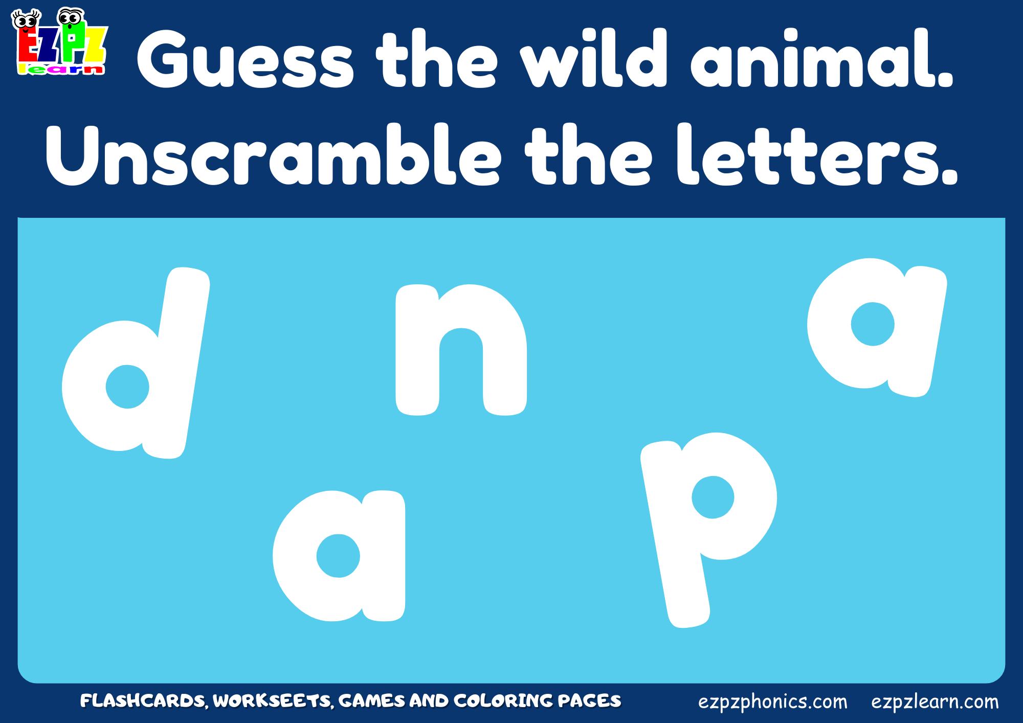 Wild Animals Word Scramble Guessing Game. Great for kids and English ...
