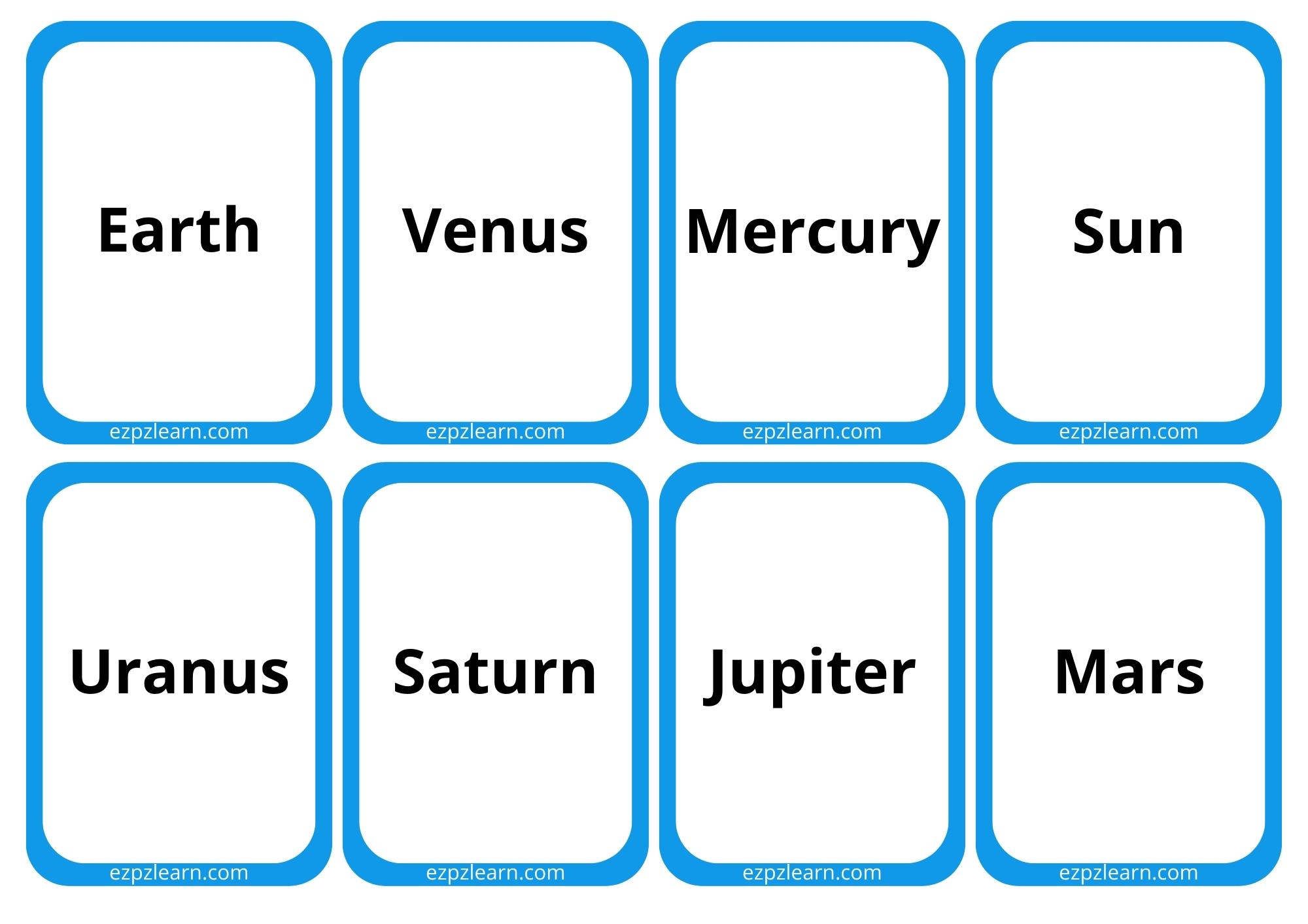 Solar System Planets Mini Cards For Kids Free PDF - Ezpzlearn.com