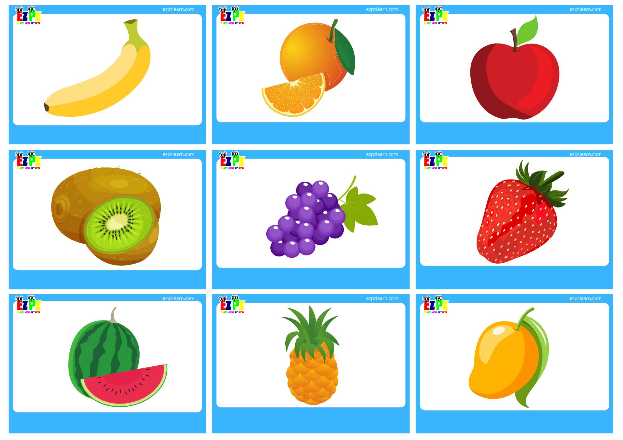 Fruit Flashcards with words use online or PDF download - Ezpzlearn.com
